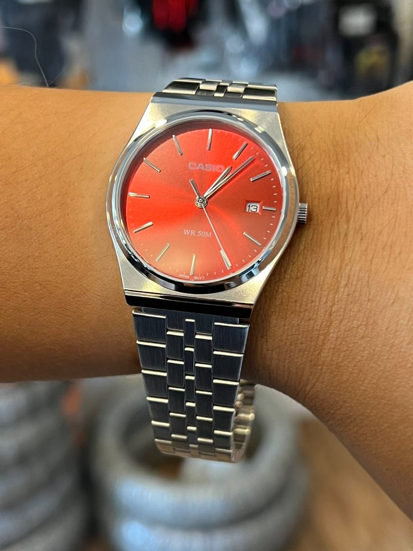 ORIGINAL CASIO Analog Red Dial Stainless Steel Watch MTP-B145D-4A2V ...