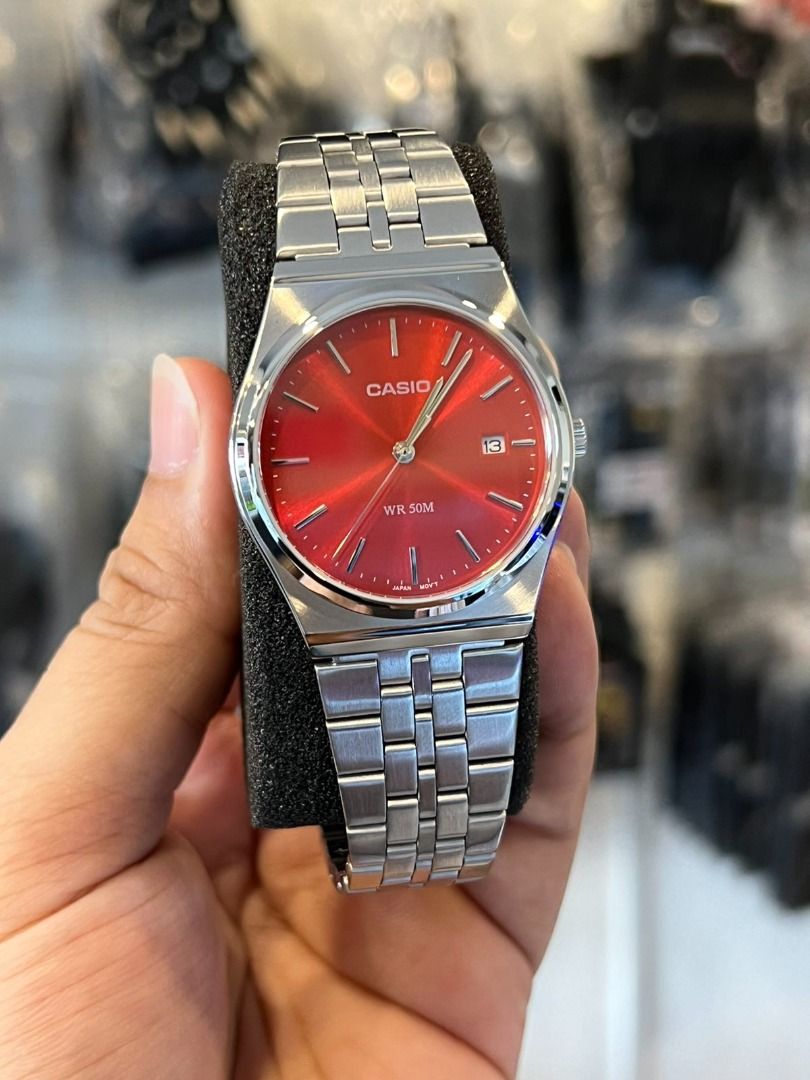 ORIGINAL CASIO Analog Red Dial Stainless Steel Watch MTP-B145D-4A2V ...