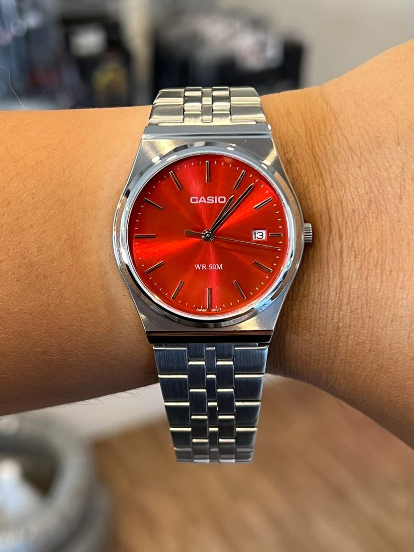 ORIGINAL CASIO Analog Red Dial Stainless Steel Watch MTP-B145D-4A2V ...