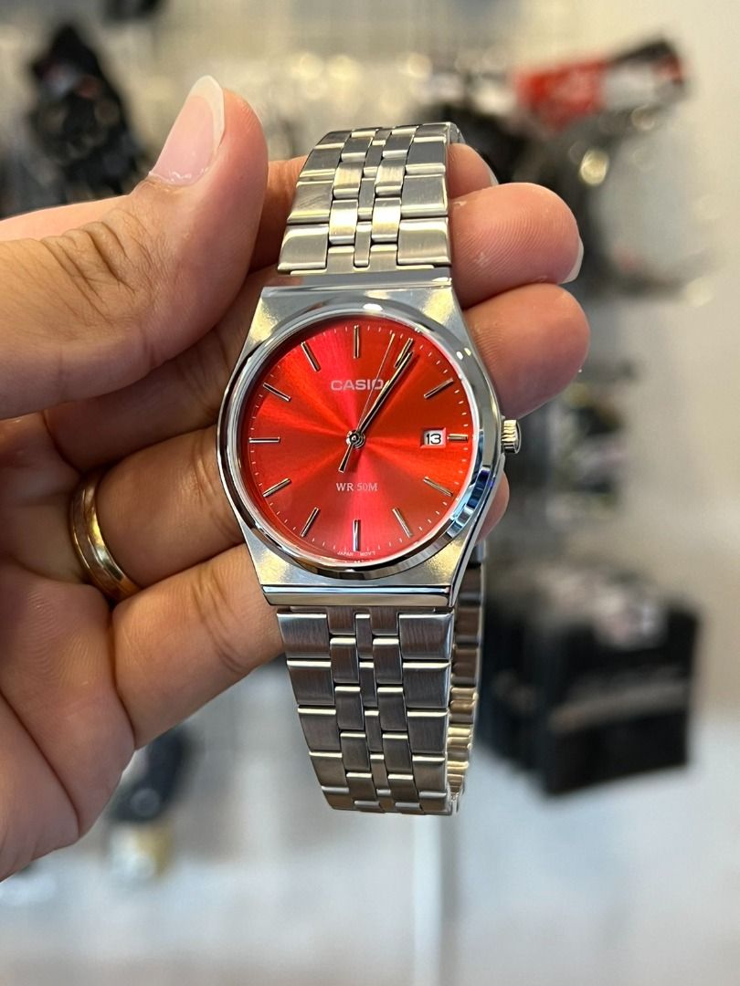 ORIGINAL CASIO Analog Red Dial Stainless Steel Watch MTP-B145D-4A2V ...