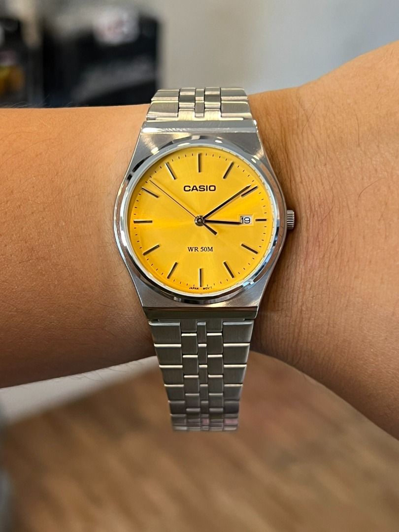 ORIGINAL CASIO Analog Yellow Dial Stainless Steel Watch MTP-B145D-9AV ...
