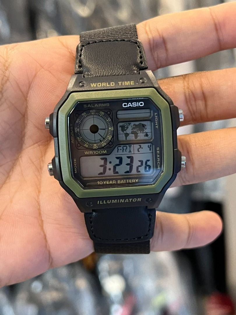 ORIGINAL CASIO World Time Digital Nylon Strap Watch AE-1200WB-1B ...