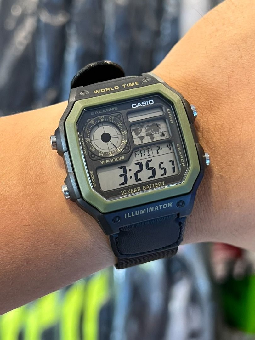 ORIGINAL CASIO World Time Digital Nylon Strap Watch AE-1200WB-1B ...