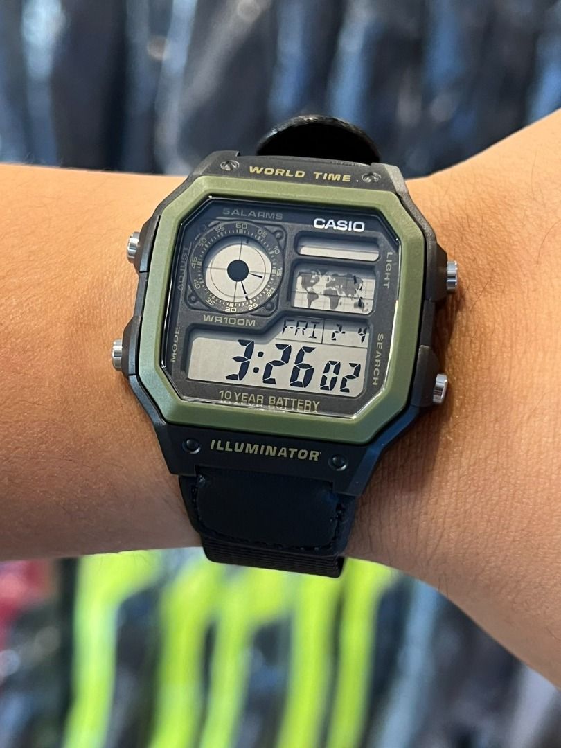 ORIGINAL CASIO World Time Digital Nylon Strap Watch AE-1200WB-1B ...