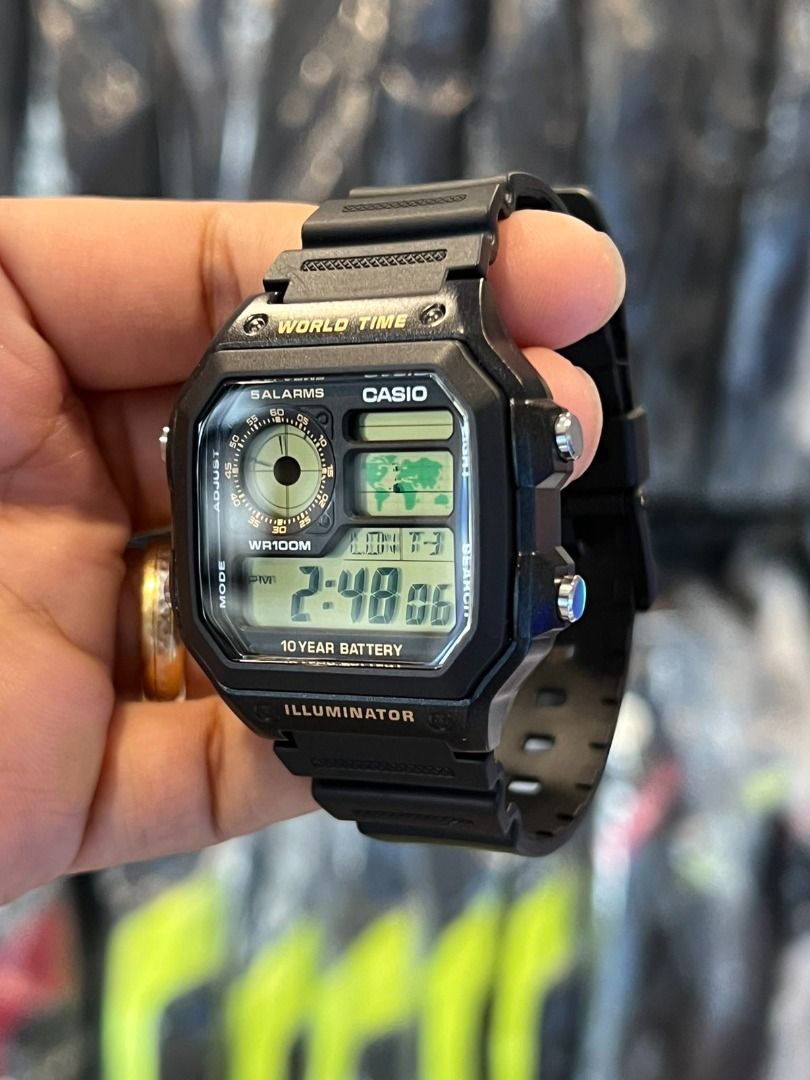 ORIGINAL CASIO World Time Digital Gold Accent Resin Band Watch AE-1200WH-1B, Men's Fashion ...