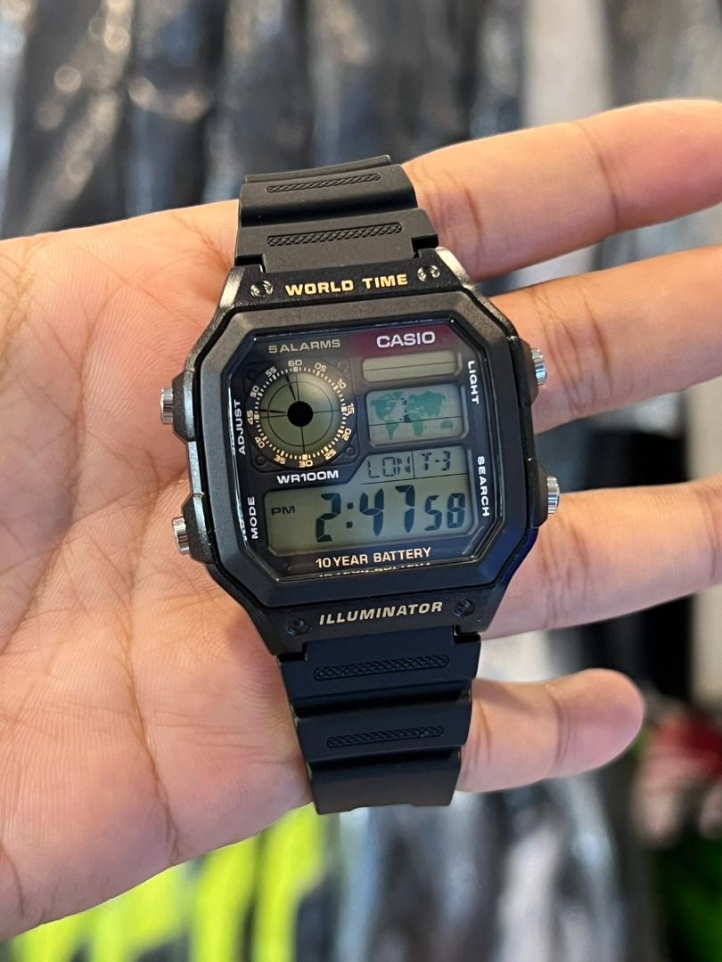 ORIGINAL CASIO World Time Digital Gold Accent Resin Band Watch AE-1200WH-1B, Men's Fashion ...