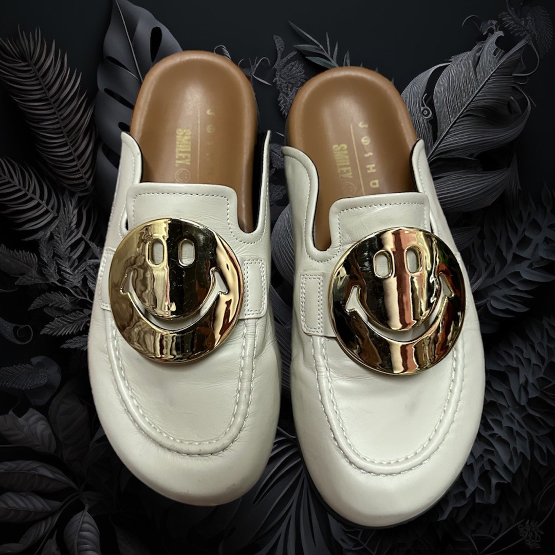 ORIGINAL JOSHUA SANDERS x SMILEY PLAQUE WHITE LEATHER MULES SLIDES ...