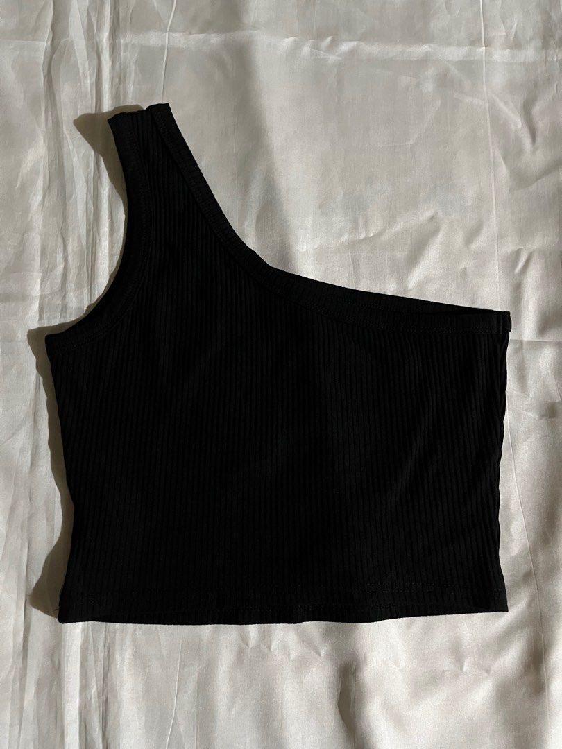 Original Shein One Shoulder Strap / One Sided Ribbed Black Sleeveless ...