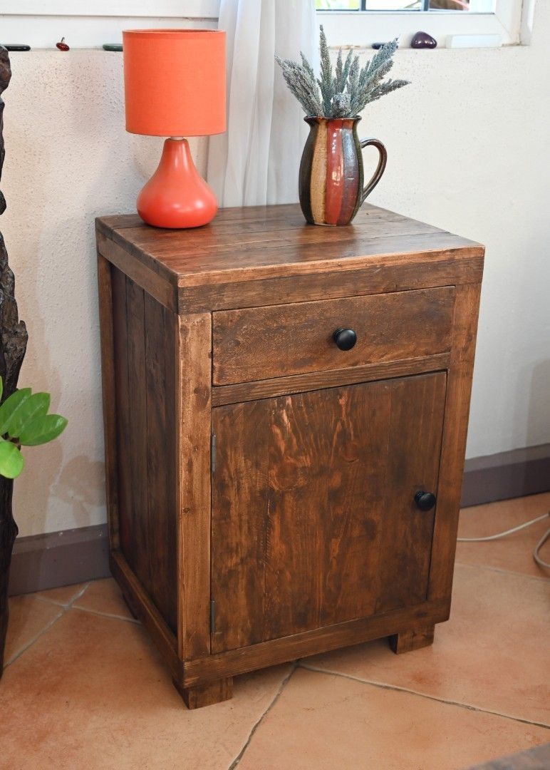 Rustic solid wood side table with cabinet and drawer, Furniture & Home ...