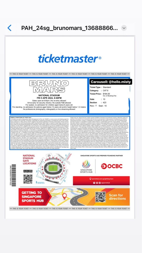 Bruno Mars 5 April 2024 Cat 6 Singapore Tiket And Voucher Tiket Acara
