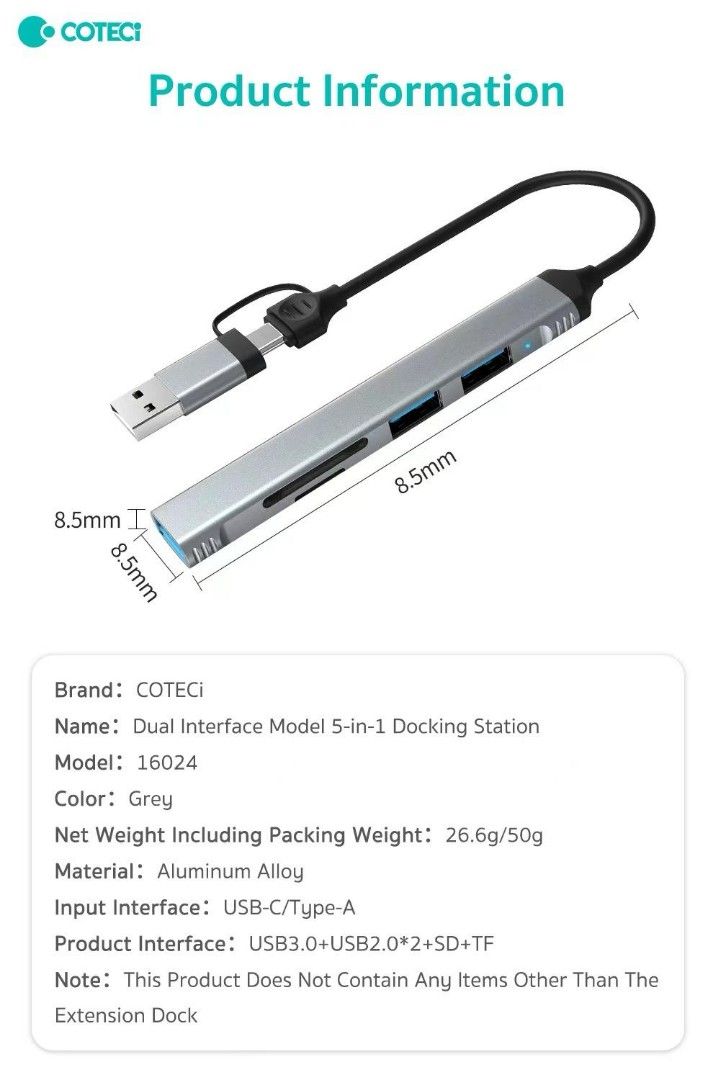 Coteci Dual Interface Model 5-in-1 Docking Station 16024, 電腦＆科技, 電腦周邊及 ...