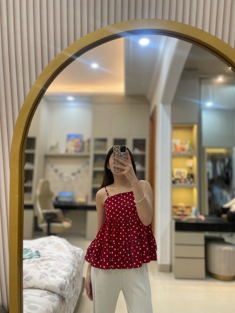 Korean red polkadot ruffle top, Fesyen Wanita, Pakaian Wanita, Atasan ...
