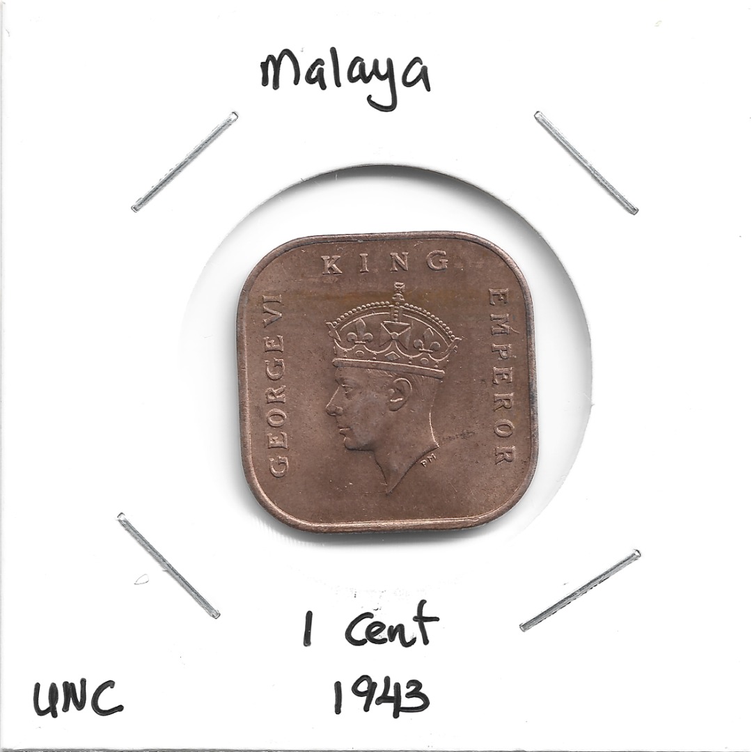 Malayan UNC One Cent 1¢ Year 1943 KGVI Uncirculated Coin RB / Duit ...