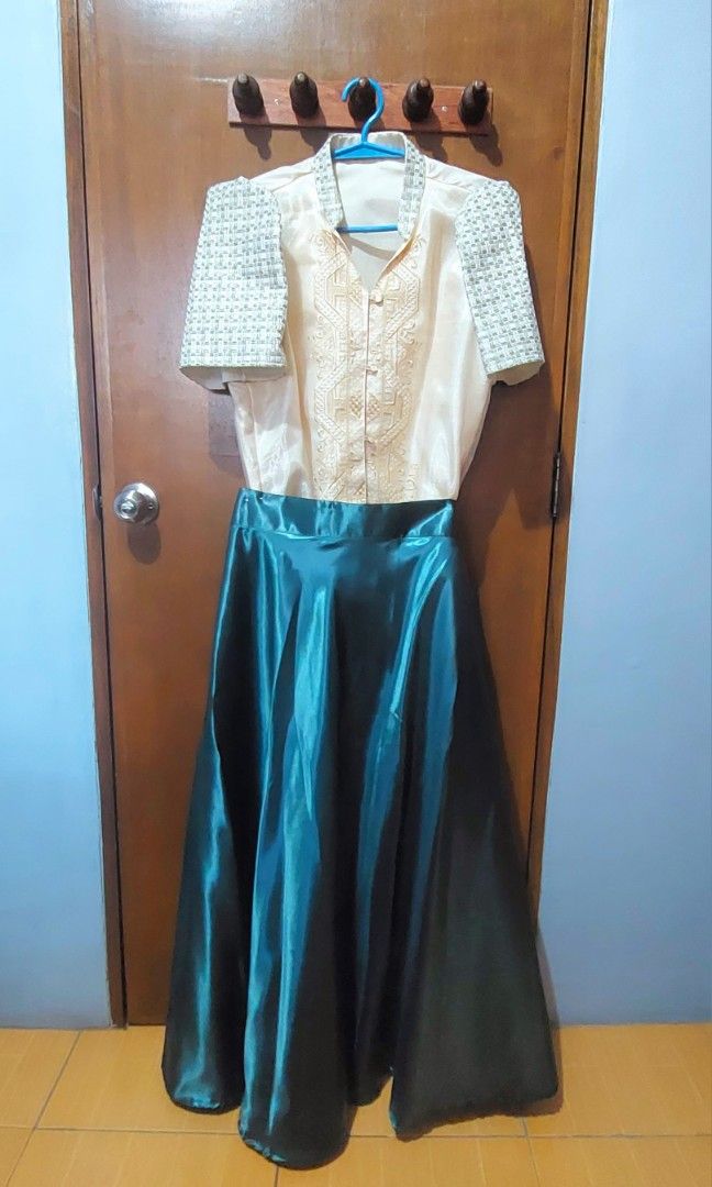 New XL Plus Filipiniana Habi Modern Green silk- Formal baro't saya set ...