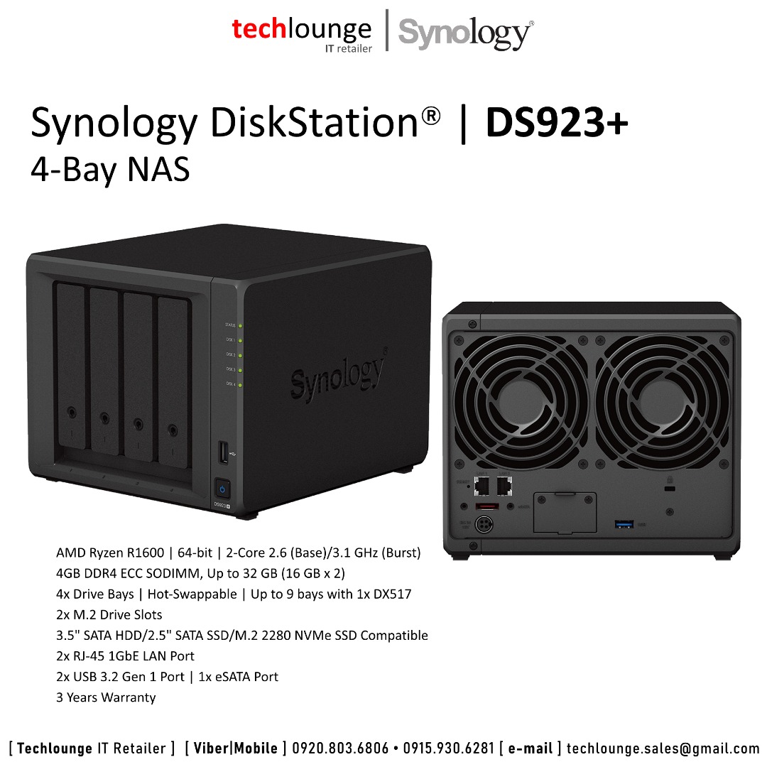 SYNOLOGY DISKSTATION DS923+ AMD Ryzen R1600, 4GB DDR4,4 Bays, Hot-Swap ...