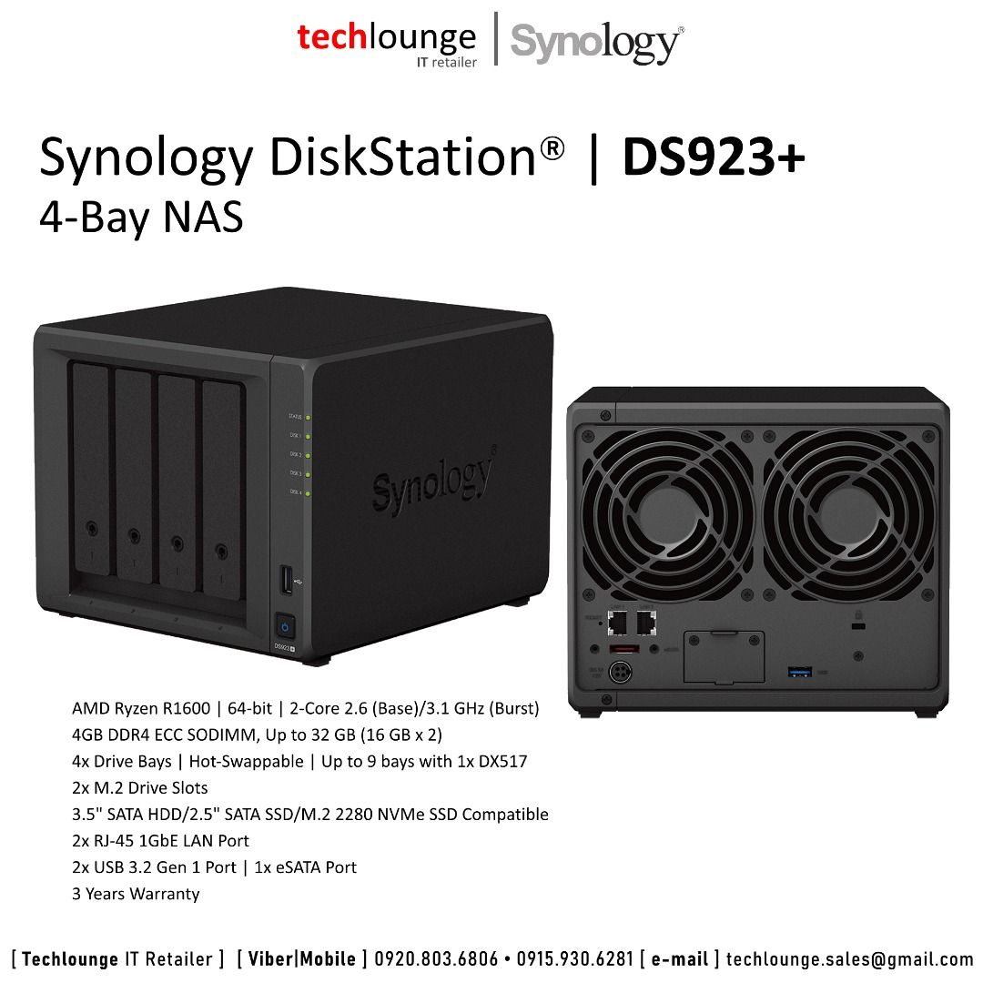 SYNOLOGY DISKSTATION DS923+ AMD Ryzen R1600, 4GB DDR4,4 Bays, Hot-Swap ...