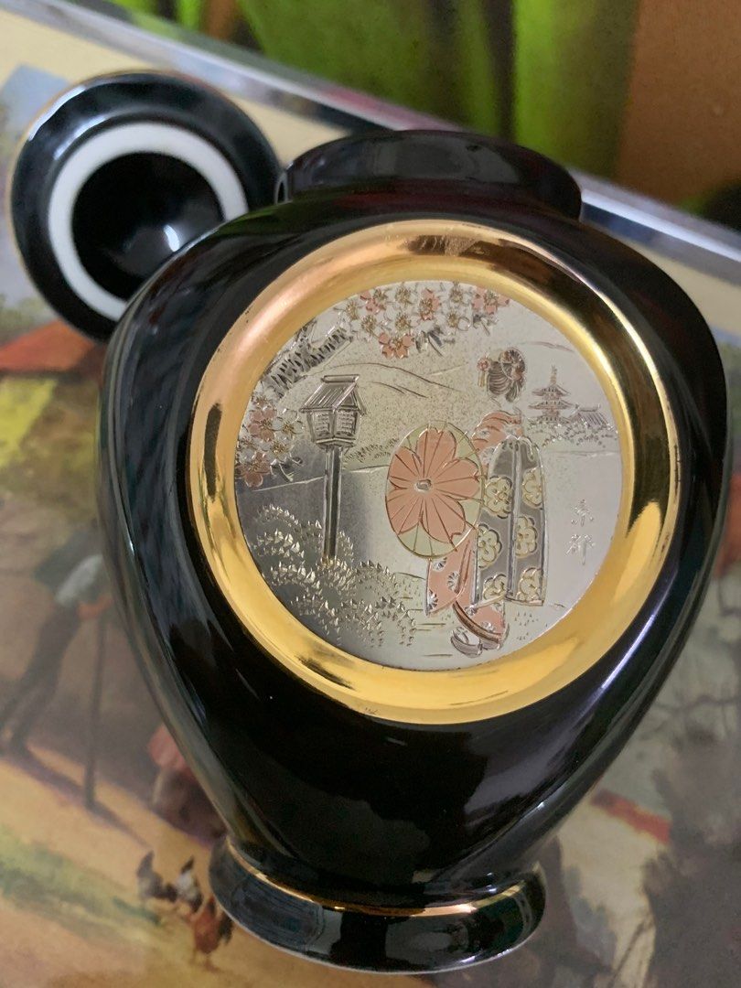 Vintage The Art of Chokin Japanese lidded Ginger Jar Black 24K Gold ...