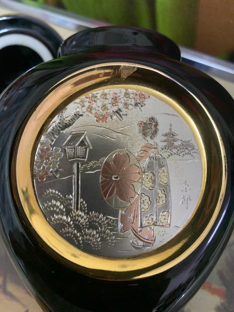 Vintage The Art of Chokin Japanese lidded Ginger Jar Black 24K Gold ...