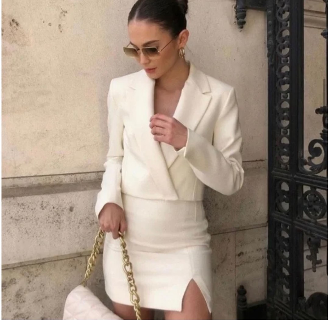 ZARA Cropped Blazer Set with Mini skirt with slit in Oyster White ...