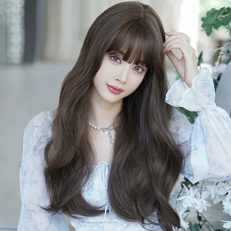 [INSTOCK] Korean Cold Brown Curly Wavy Airy Bangs Long Hair Wig ...