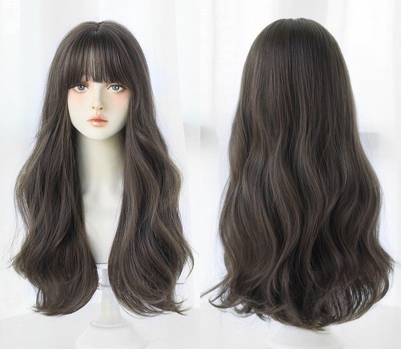 [INSTOCK] Korean Cold Brown Curly Wavy Airy Bangs Long Hair Wig ...