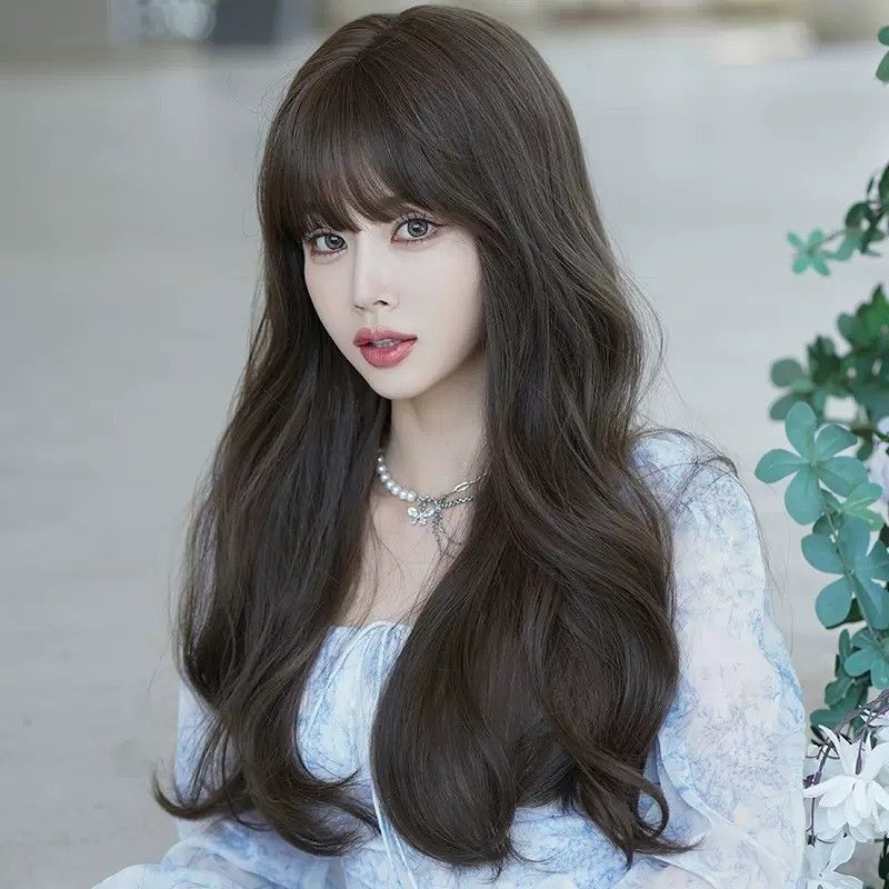 [INSTOCK] Korean Cold Brown Curly Wavy Airy Bangs Long Hair Wig ...