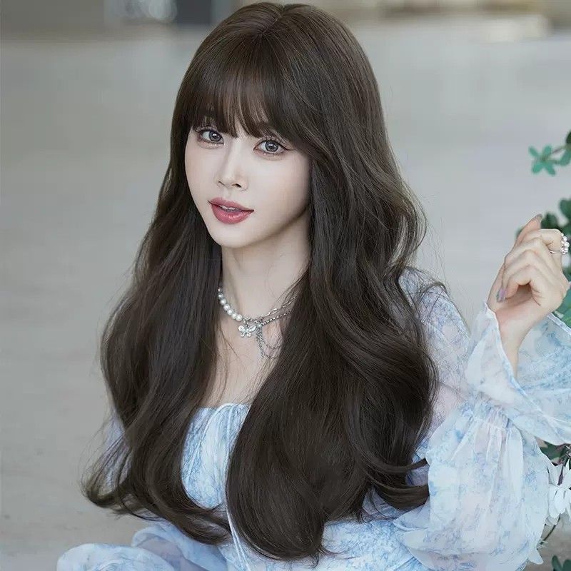 [INSTOCK] Korean Cold Brown Curly Wavy Airy Bangs Long Hair Wig ...