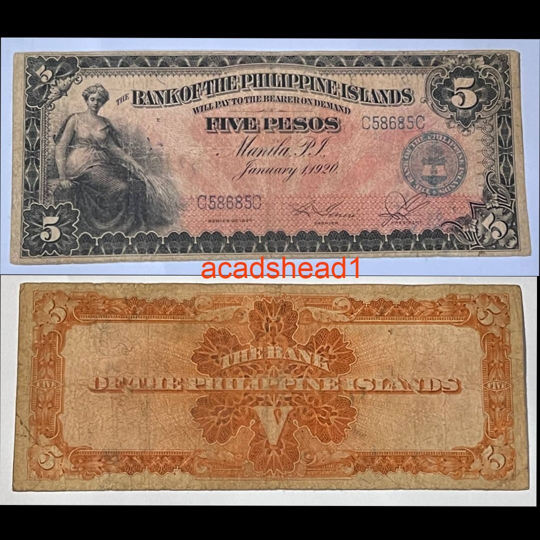 RARE 5 pesos 1920 BPI Bank of the Philippine Islands Old Banknote Very ...