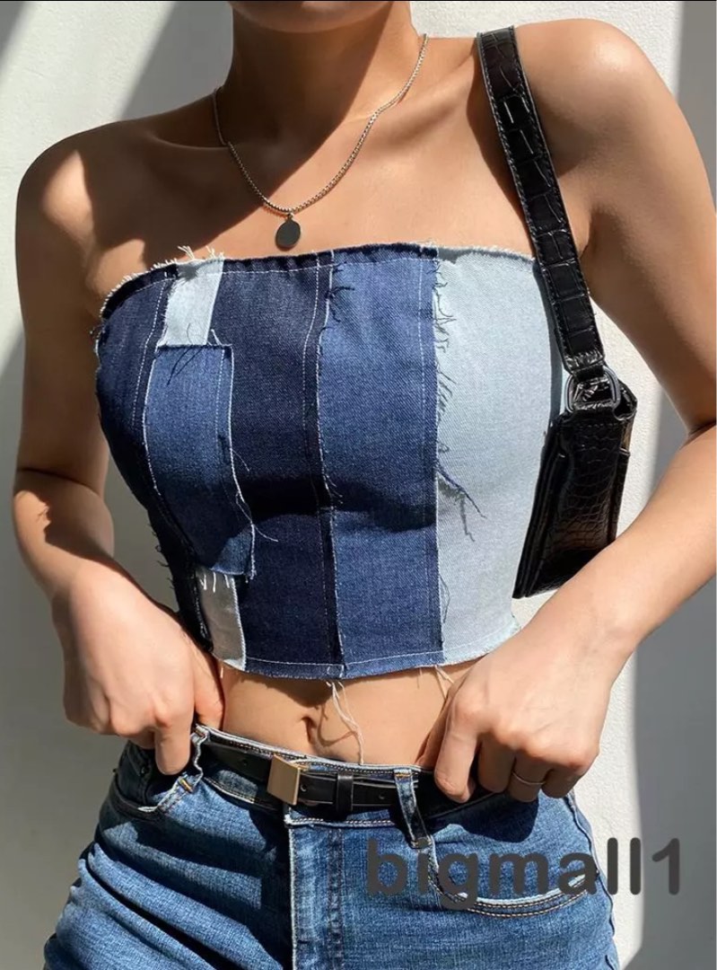 demin tube top, Women's Fashion, Tops, Sleeveless on Carousell