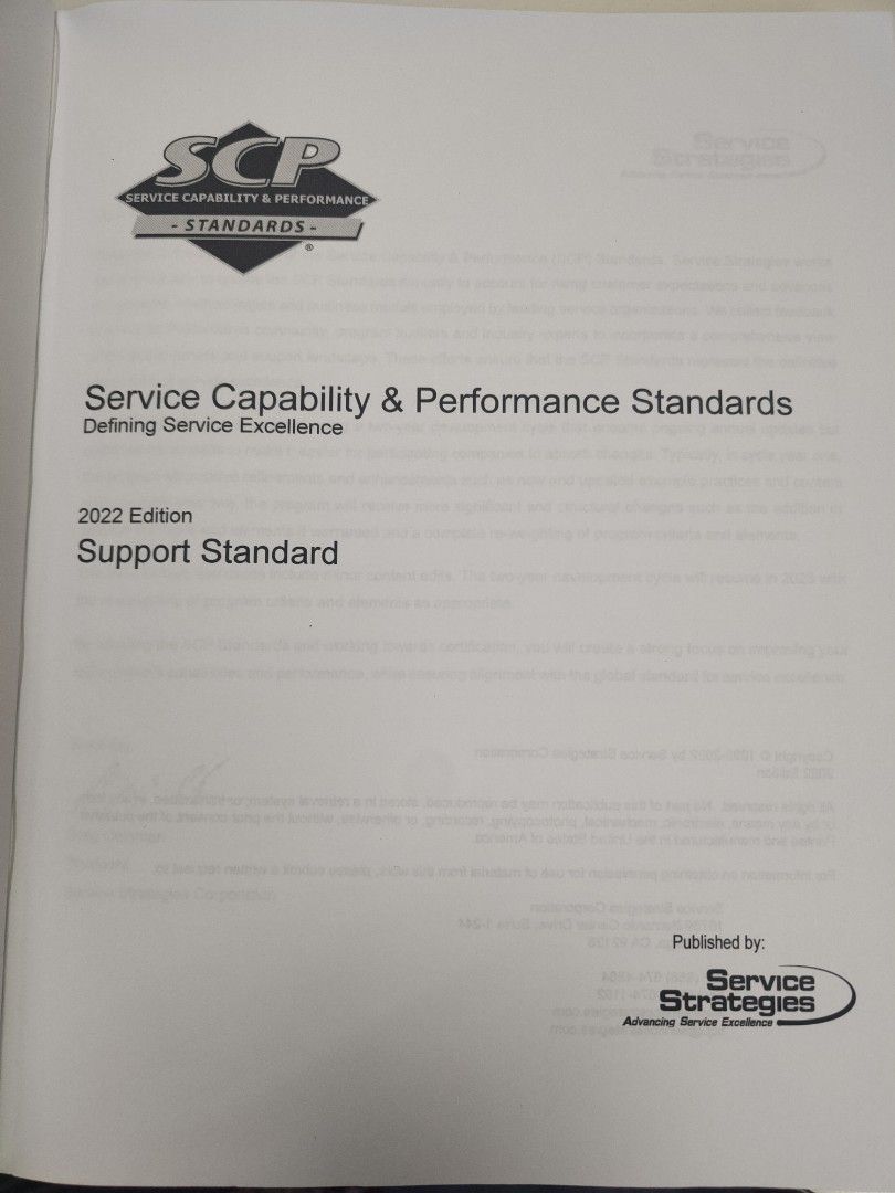SCP service and capability & performance standard book support standard ...