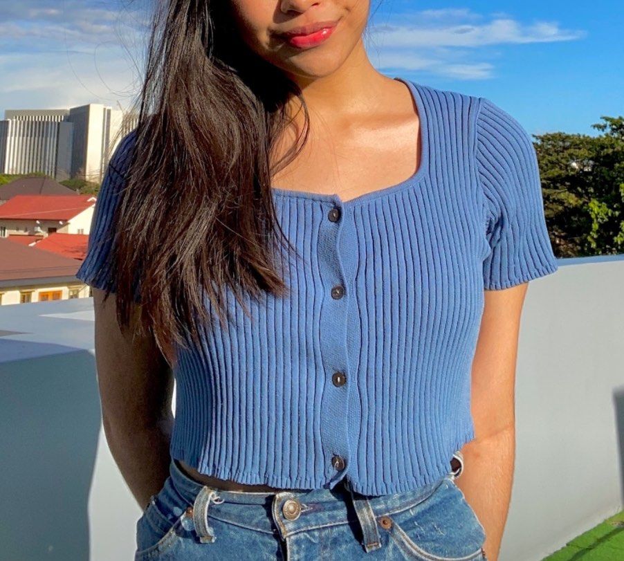 Blue Knit Crop Top, Women's Fashion, Tops, Shirts on Carousell