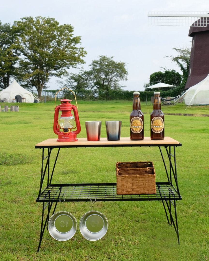 Camping 2-Layer Metal Rack with Bamboo Top, Sports Equipment, Hiking ...