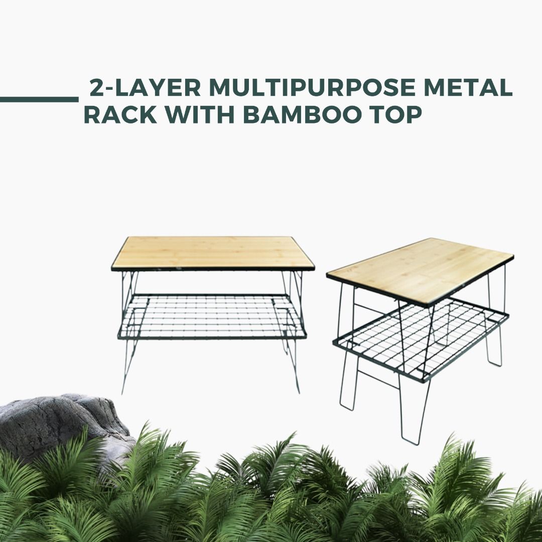Camping 2-Layer Metal Rack with Bamboo Top, Sports Equipment, Hiking ...