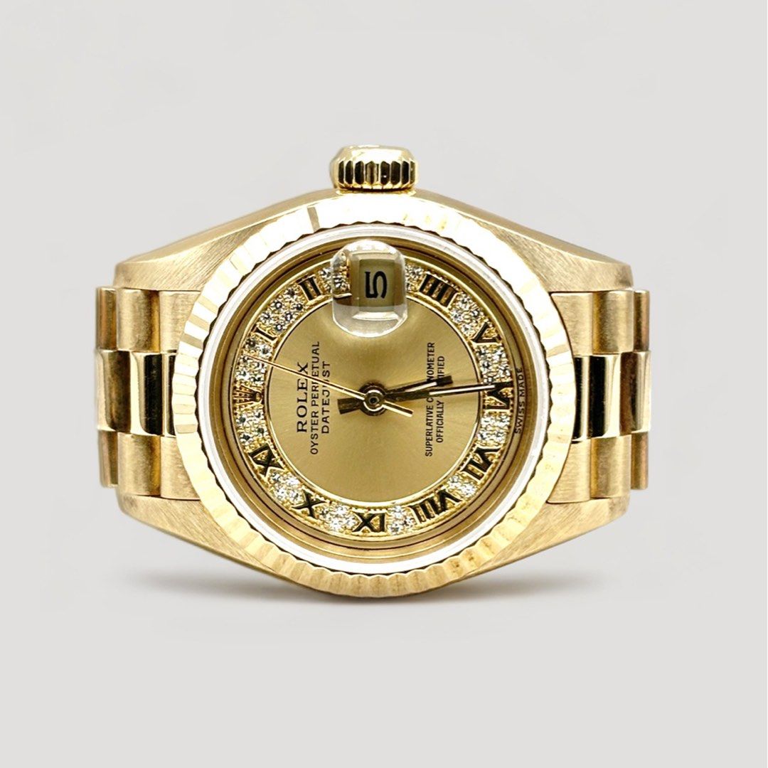 Rolex Datejust Lady Queen Yellow Gold "President" Champagne Myriad Diamond 26mm 69178, Luxury ...