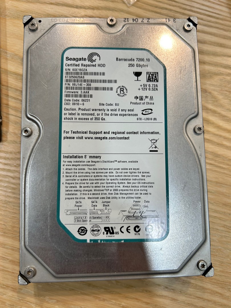 Seagate 250G 3.5 HDD 檢測正常, 電腦及科技產品, 電腦周邊產品, 硬碟及儲存裝置在旋轉拍賣