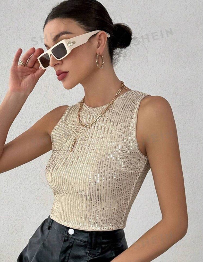 SHEIN Gold Sequin Sleeveless Crop Tank Top (Taylor Swift Eras Tour ...