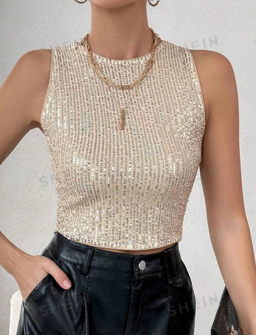 SHEIN Gold Sequin Sleeveless Crop Tank Top (Taylor Swift Eras Tour ...