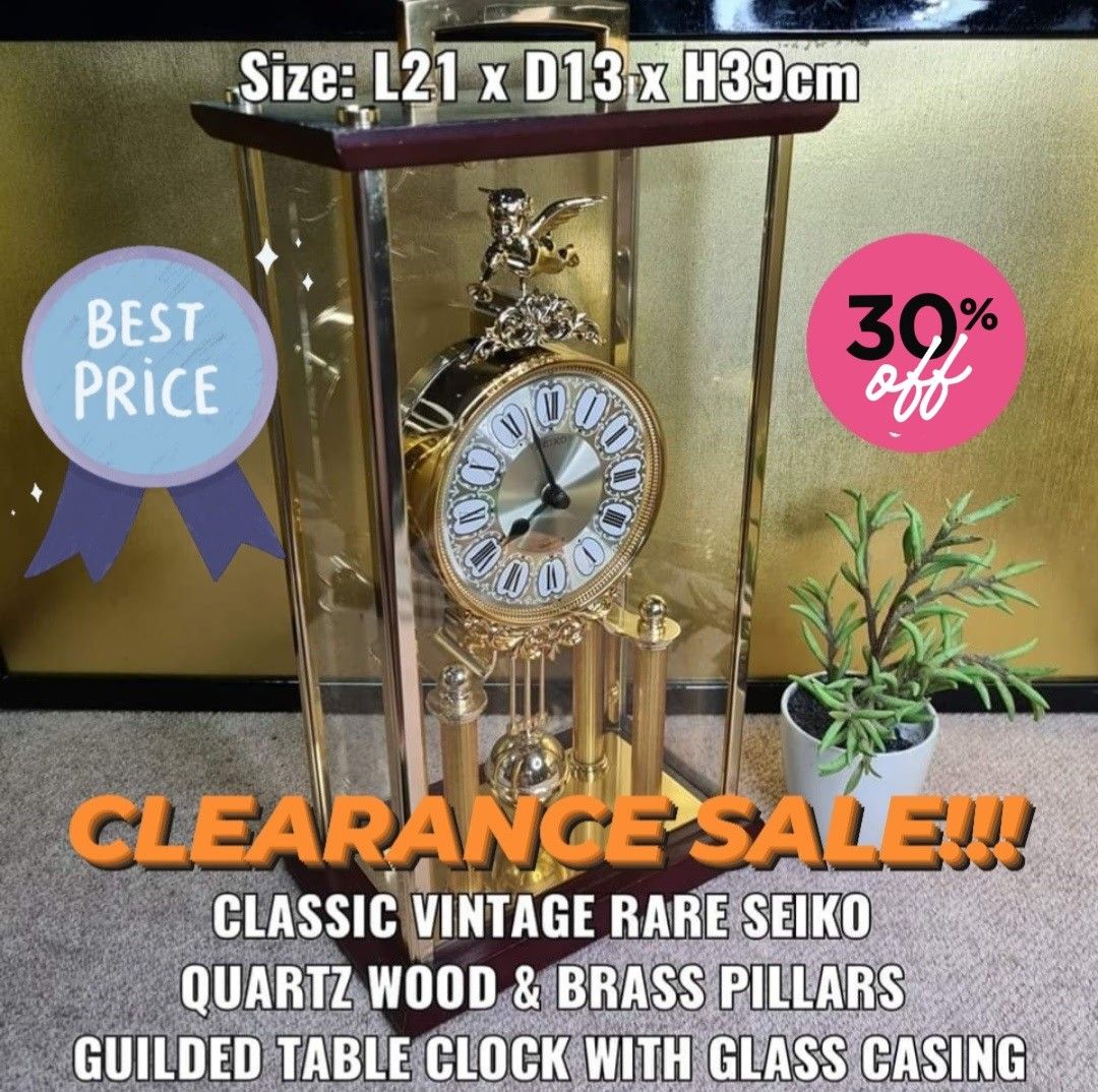 CLASSIC VINTAGE RARE SEIKO QUARTZ WOOD & BRASS PILLARS GUILDED TABLE CLOCK WITH GLASS CASING ...