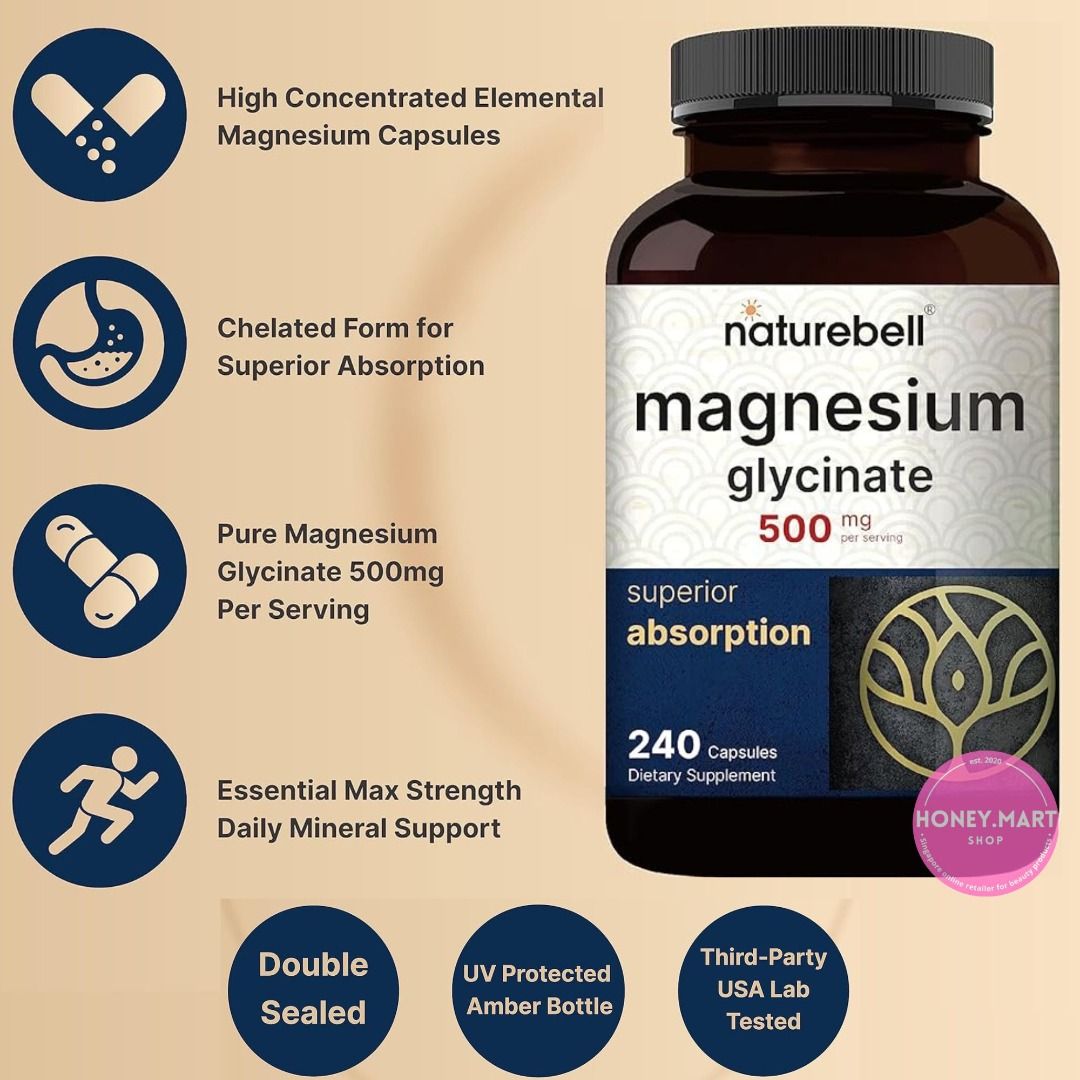 NatureBell Magnesium Glycinate Supplement 500mg Capsules, Health ...