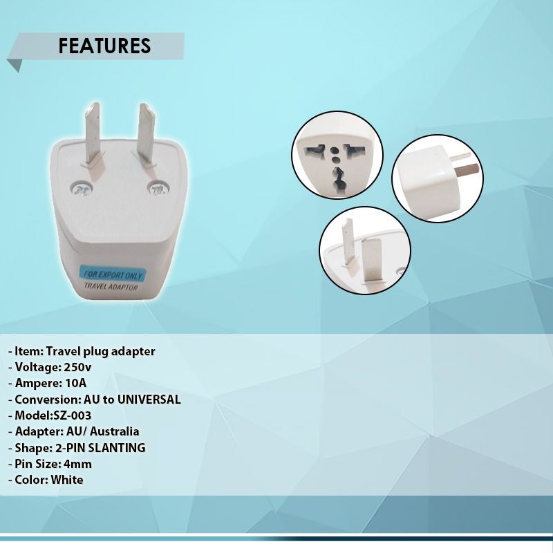TRAVEL PLUG ADAPTER, AU to UNIVERSAL SOCKET 10A 250V SZ-003, AU ADAPTER ...