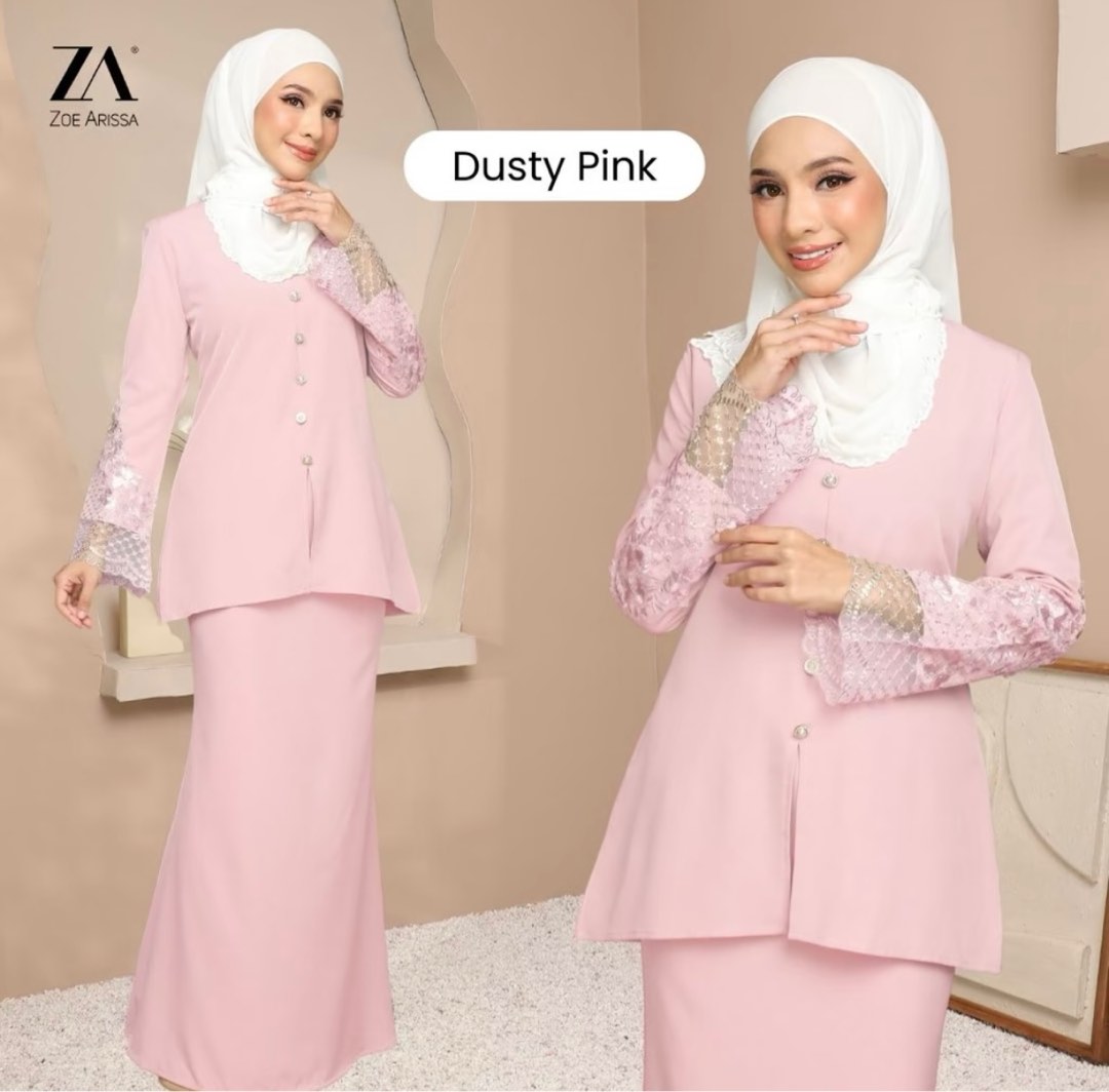Baju Kurung Lace in Dusty Pink, Women's Fashion, Muslimah Fashion, Baju ...