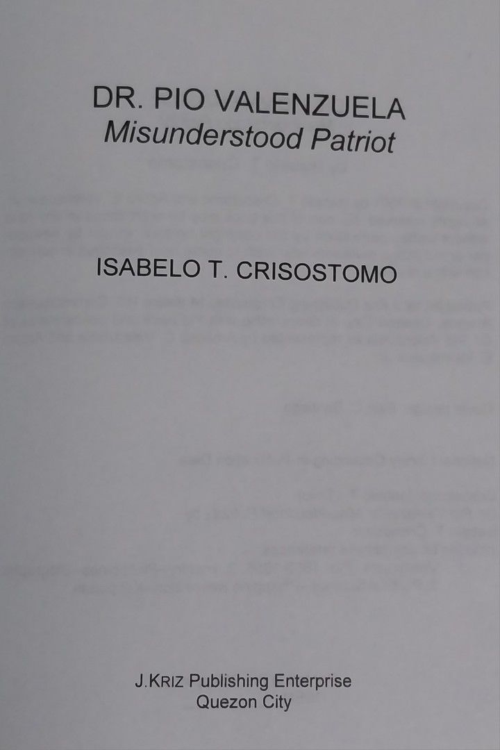 Dr. PIO VALENZUELA Misunderstood Patriot By: Isabelo T. Crisostomo ...