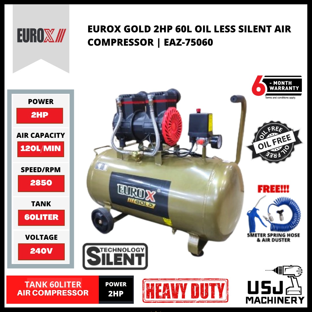 Eurox Gold 2HP 60L Oil Less Silent Air Compressor EAZ-75060 - 8Bar & 120L/min Air Flow - 6 ...