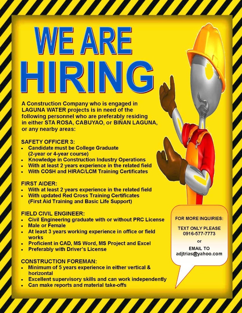 Wanted Civil Engineer, Safety Officer 3, Foreman and First Aider, Jobs ...
