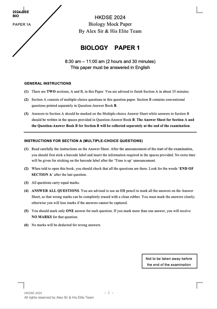 2024 HKDSE BIOLOGY MOCK PAPER on Carousell