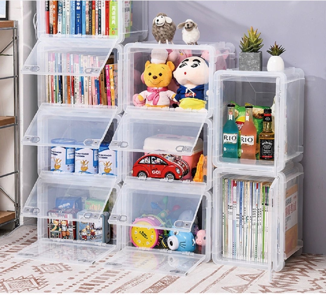 書薄 書架 功課 雜物 收納架 儲物箱 可疊高 可有門 透明 膠箱 Stackable clear Plastic Book shelf ...