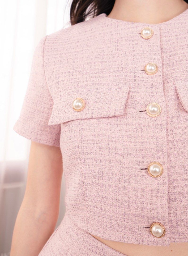 BNWT Mikayla Celestial Tweed Top in Pink with Lilac Threads, Women's Fashion, Tops, Other Tops ...