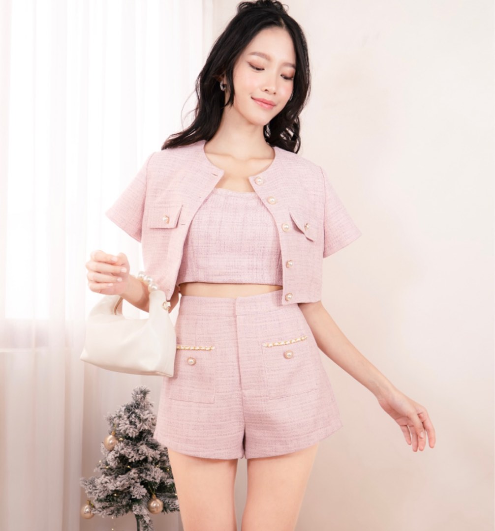 BNWT Mikayla Celestial Tweed Top in Pink with Lilac Threads, Women's Fashion, Tops, Other Tops ...