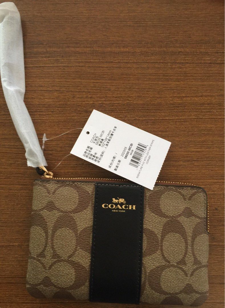 COACH 58035 馬車LOGO條紋皮革PVC零錢手拿包.駝/黑, 她的時尚, 包包、錢包, 手拿包在旋轉拍賣