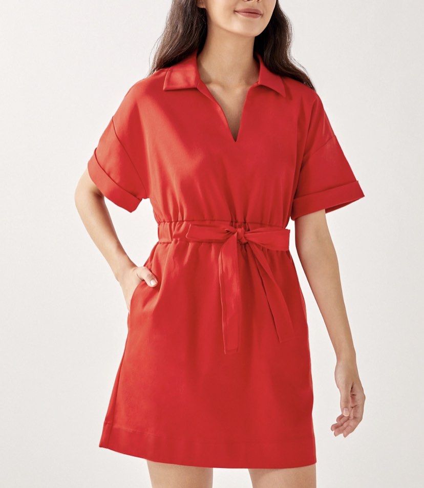 love bonito vermillion red Becky Elastic Belted Shirt Dress mini ribbon belt dress merah kerah ...